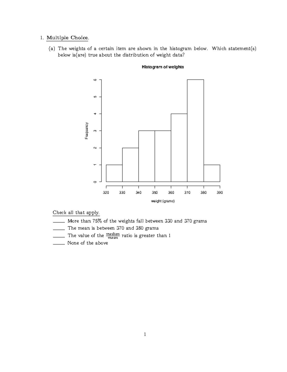 Midterm Practice Problems 2 - Multiple Choice. (a) The weights of a certain item are shown in ...