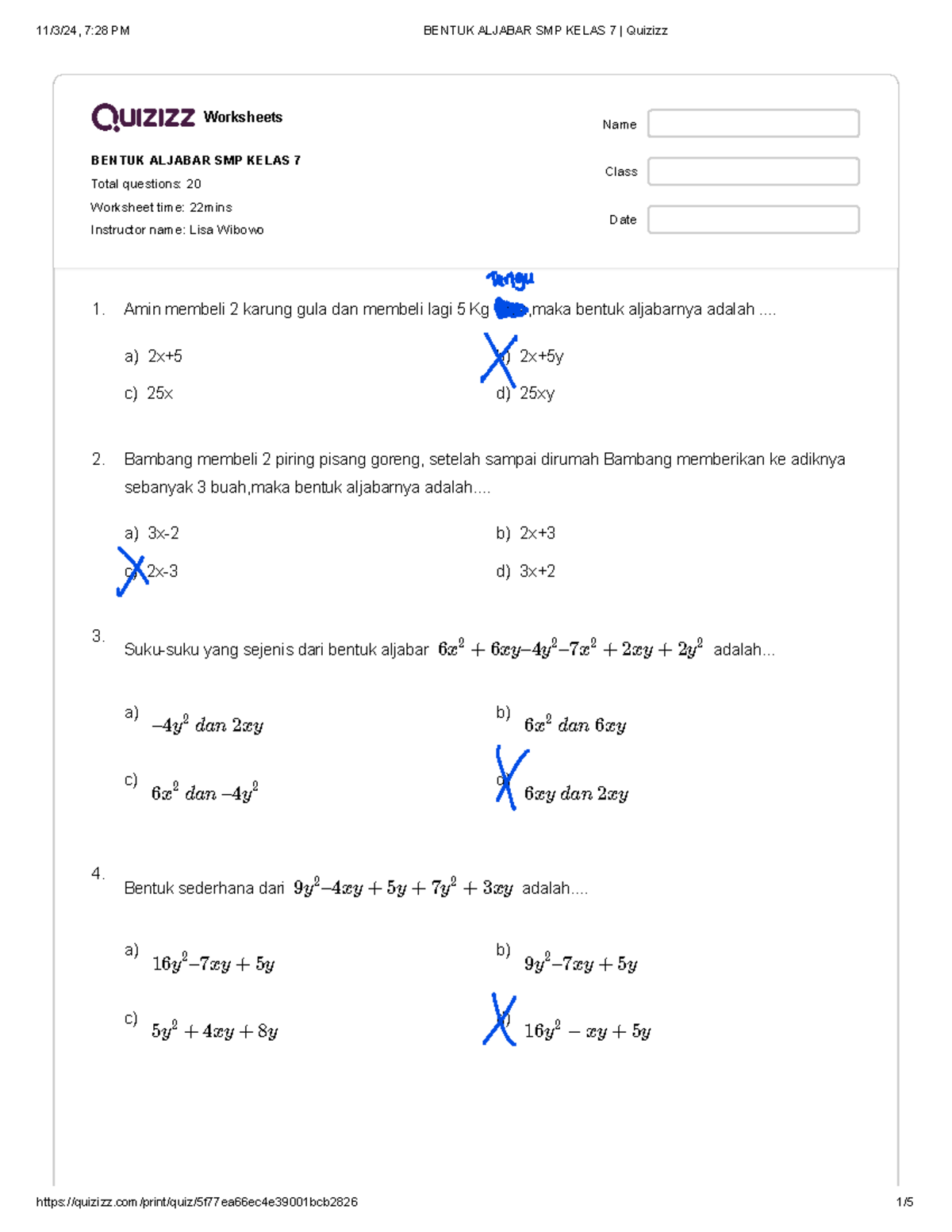Bentuk Aljabar SMP Kelas 7 Quizizz - Worksheets BENTUK ALJABAR SMP KELAS 7 Total questions: 20 ...