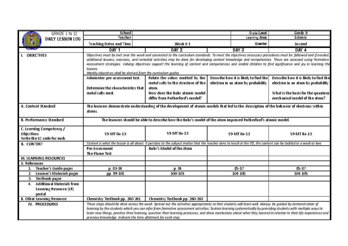 Daily lesson log - GRADE 1 to 12 DAILY LESSON LOG School Grade Level ...