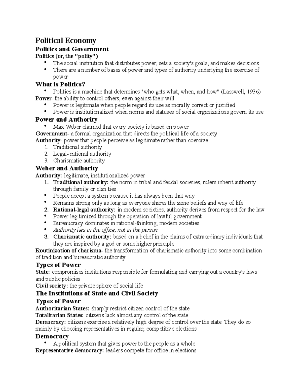 1020 Lecture 8 - Political Economy Politics and Government Politics (or ...