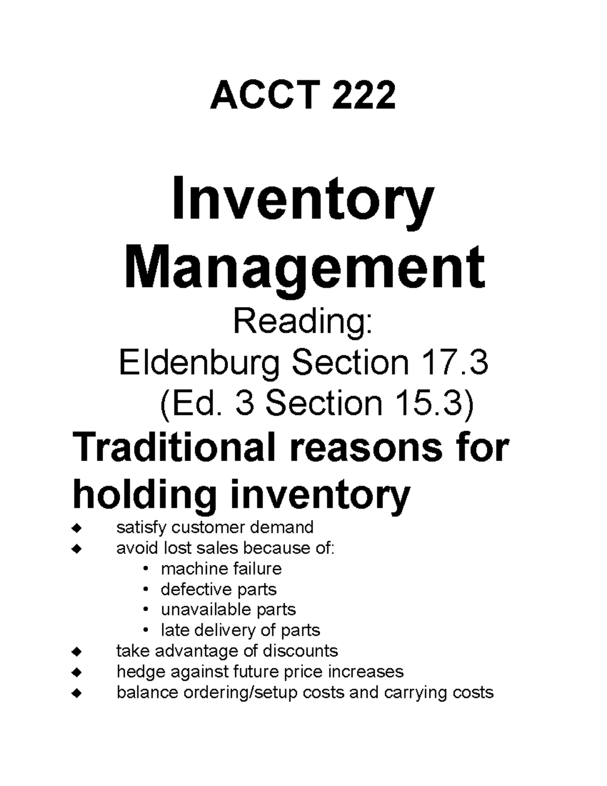 ACCT222 L12 - ACCT 222 Inventory Management Reading: Eldenburg Section ...