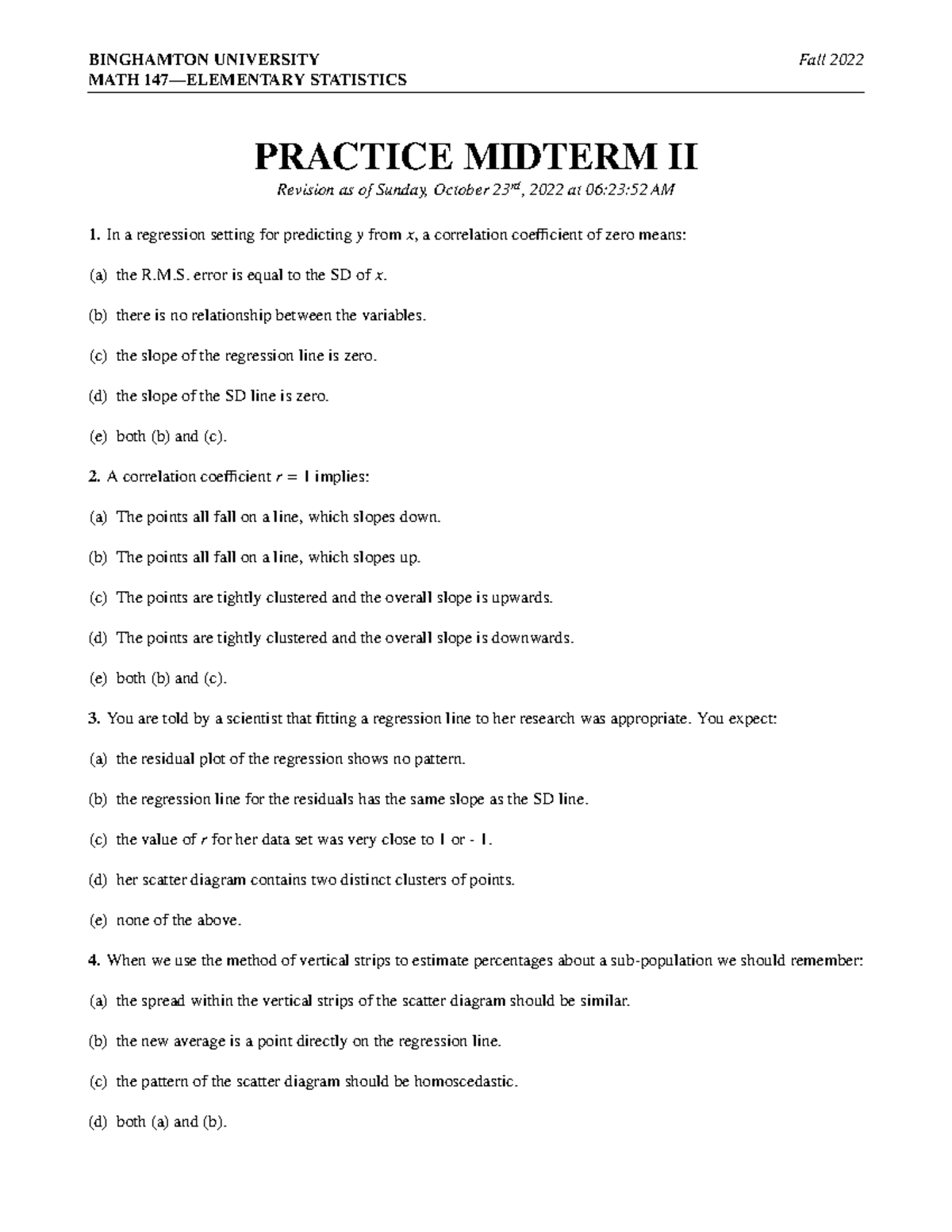 Midterm 2 Review - BINGHAMTON UNIVERSITY MATH 147—ELEMENTARY STATISTICS Fall 2022 PRACTICE ...