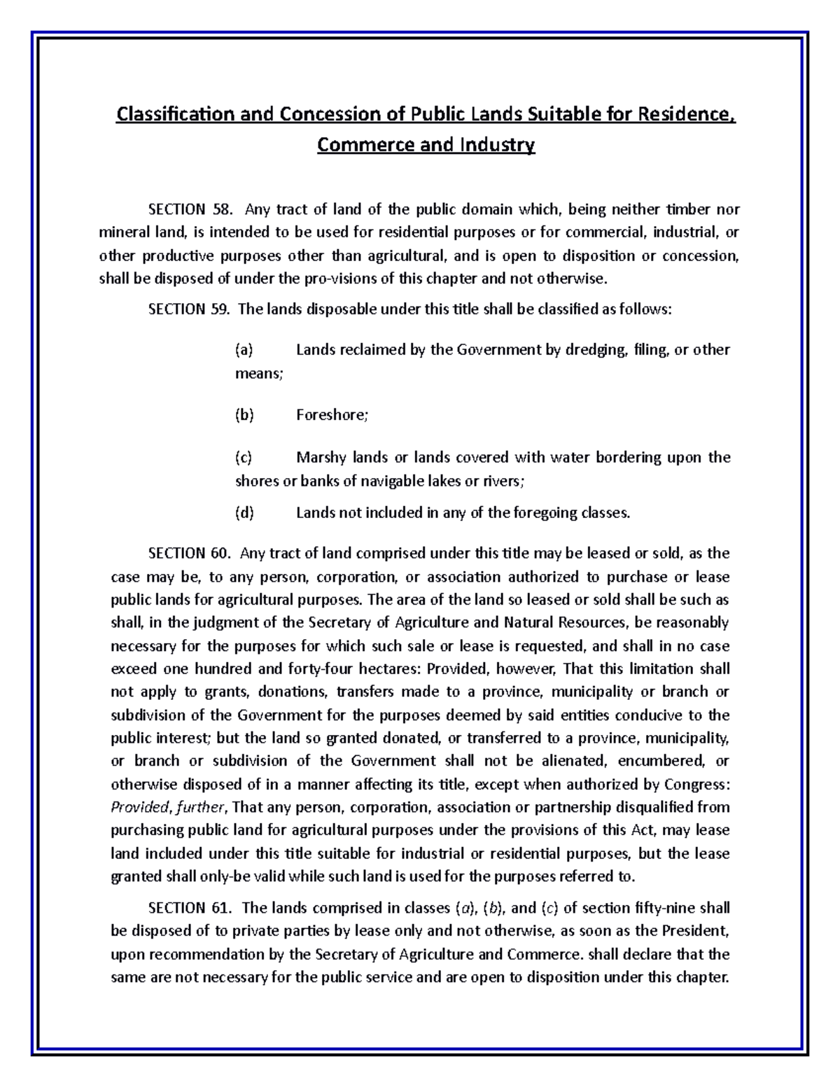 Classification and Concession of Public Lands Suitable for Residence ...