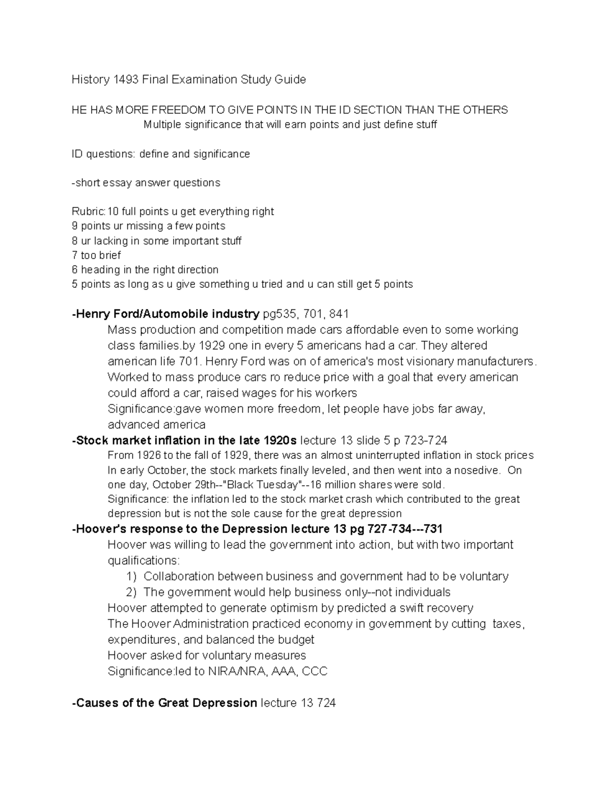 Final history study guide - History 1493 Final Examination Study Guide ...