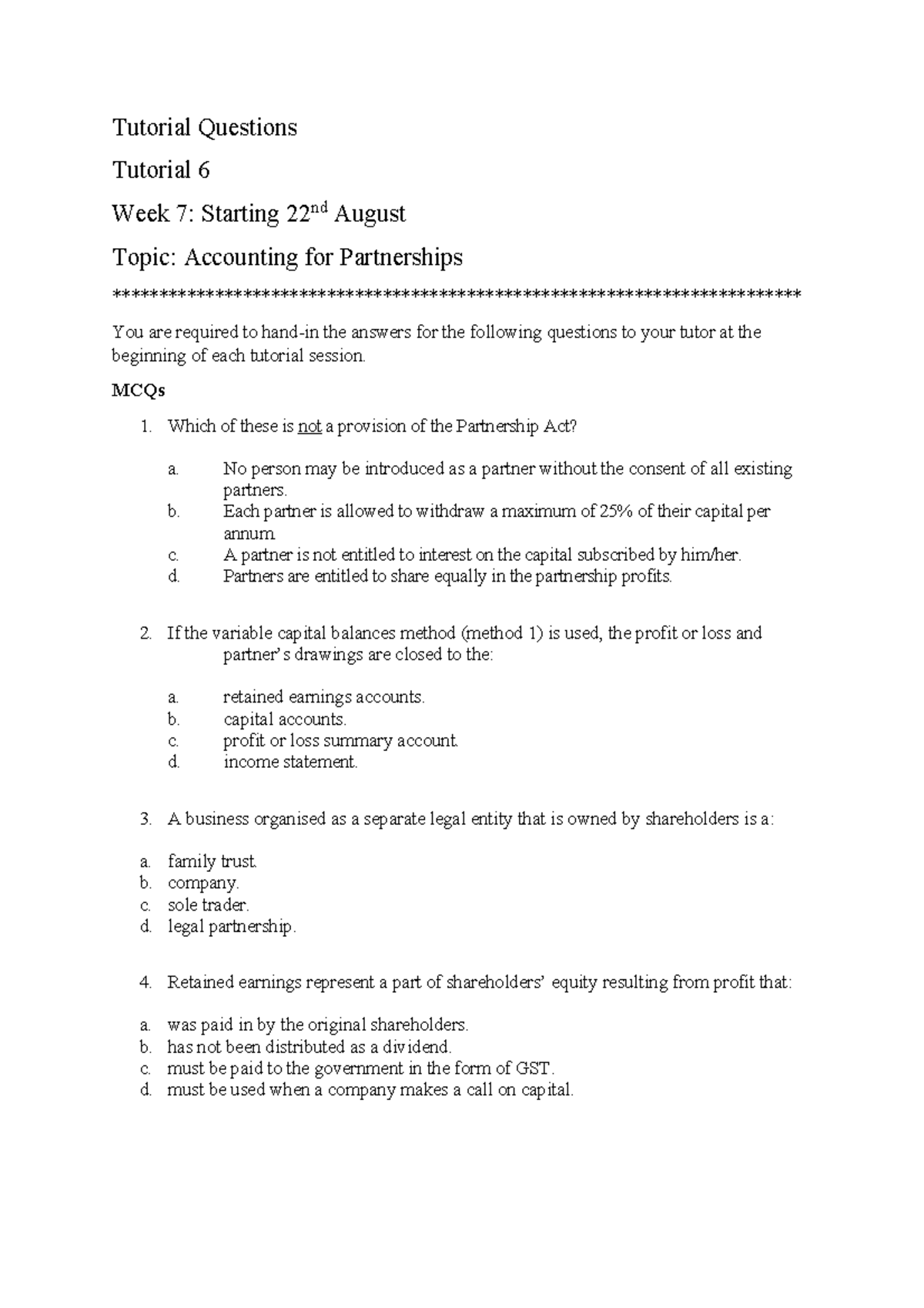Week 7 Partnership Accounts Template - Tutorial Questions Tutorial 6 ...