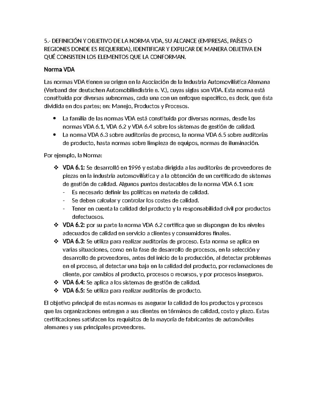 Normas VDA - 5.- DEFINICIÓN Y OBJETIVO DE LA NORMA VDA, SU ALCANCE ...