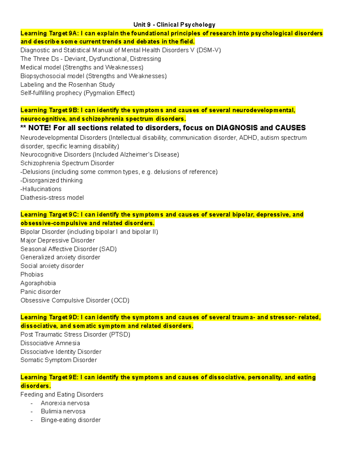Unit 9 - Clinical Psychology Study Guide - Unit 9 - Clinical Psychology ...