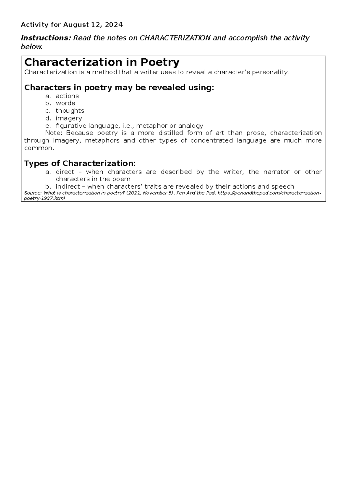 Poetry - Characterization - Activity for August 12, 2024 Instructions ...
