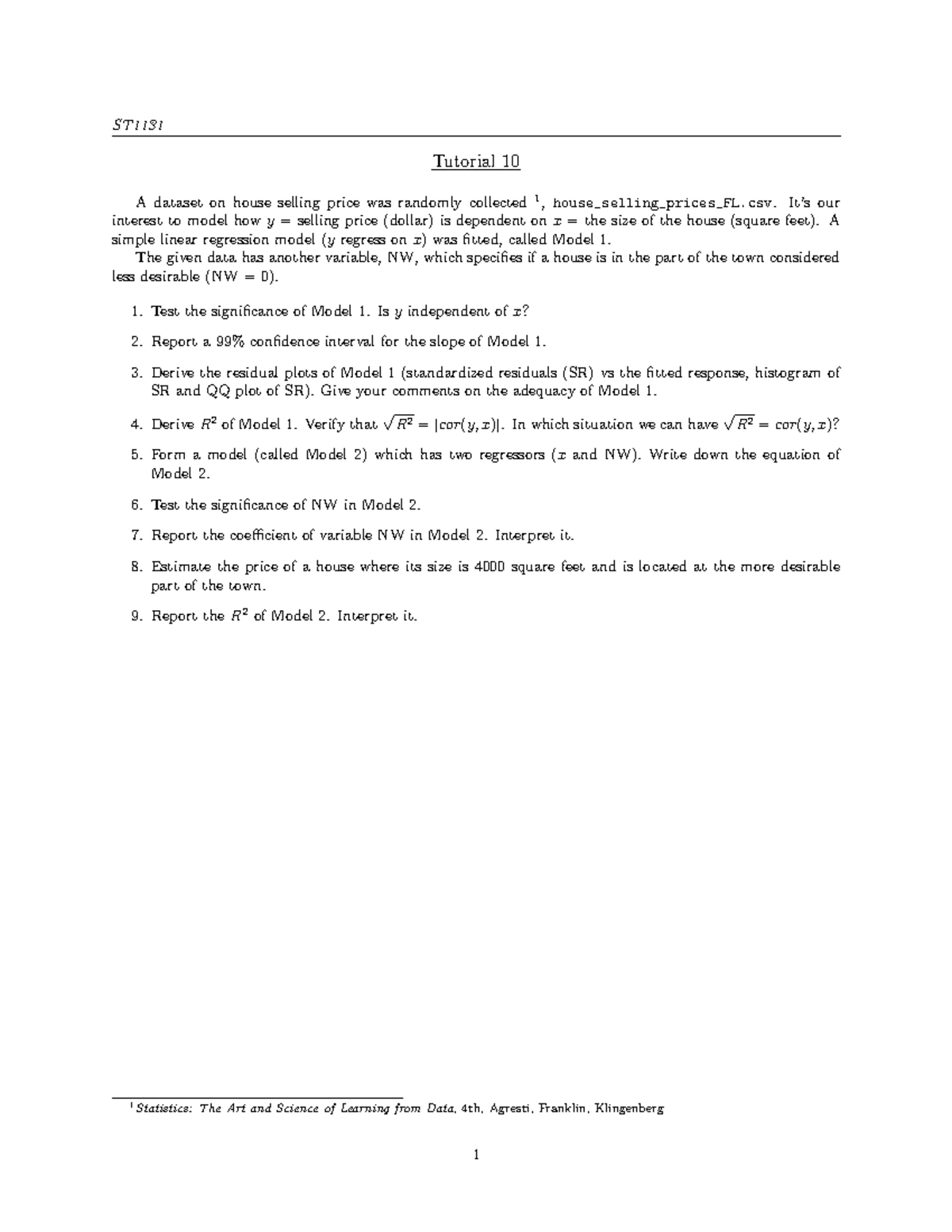 Tutorial 10 Qn St Tutorial 10 A Dataset On House Selling Price Was Randomly Collected 1 8271
