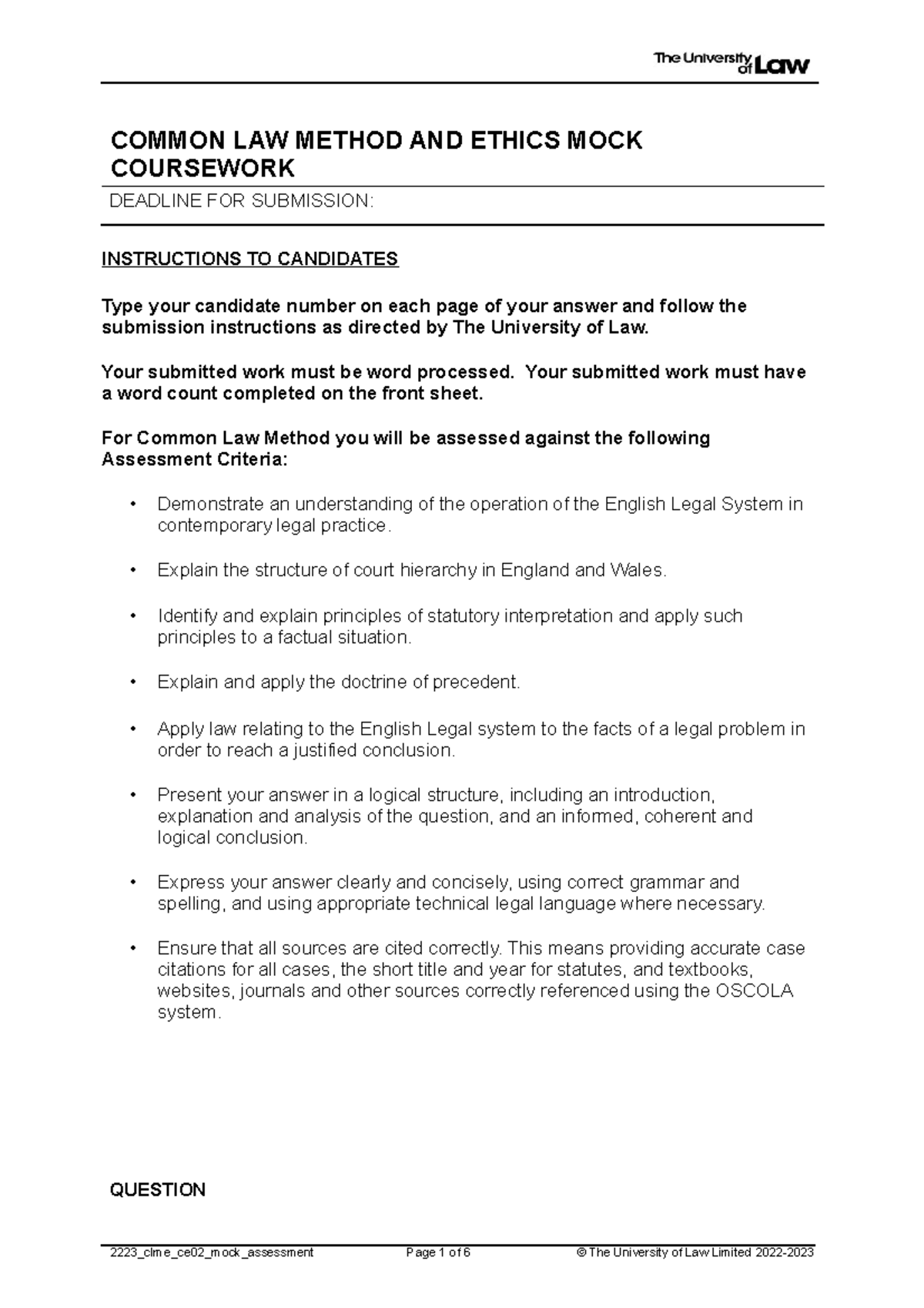 2223 clme ce02 mock assessment - COMMON LAW METHOD AND ETHICS MOCK COURSEWORK DEADLINE FOR - Studocu