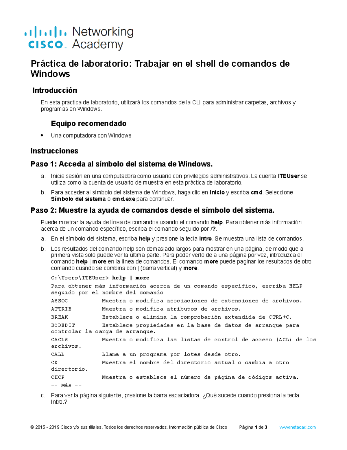 11.4.1.5 Lab - Work in the Windows Command Shell - Práctica de laboratorio: Trabajar en el shell ...