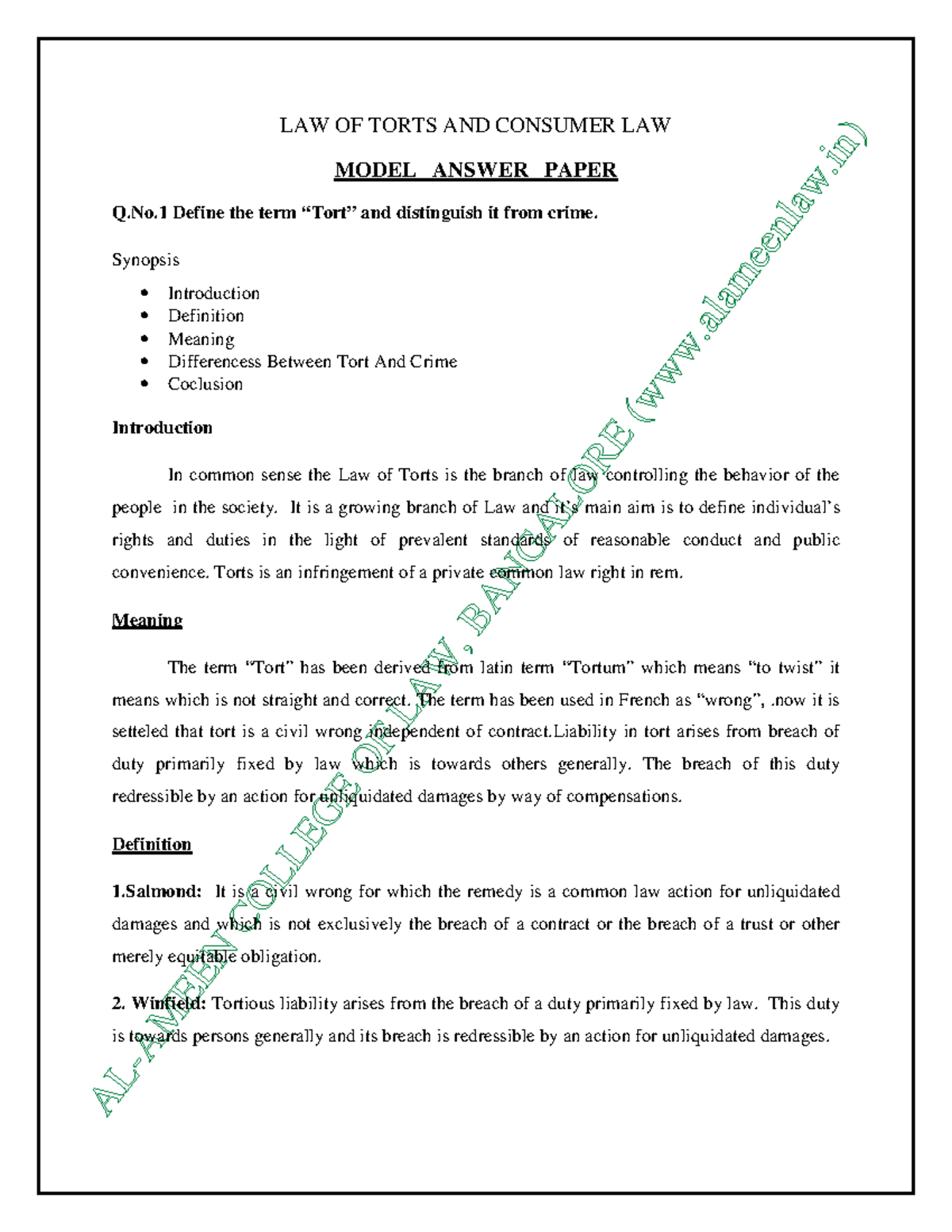 Tort-Dec2016 - Law of torts - LAW OF TORTS AND CONSUMER LAW MODEL ...