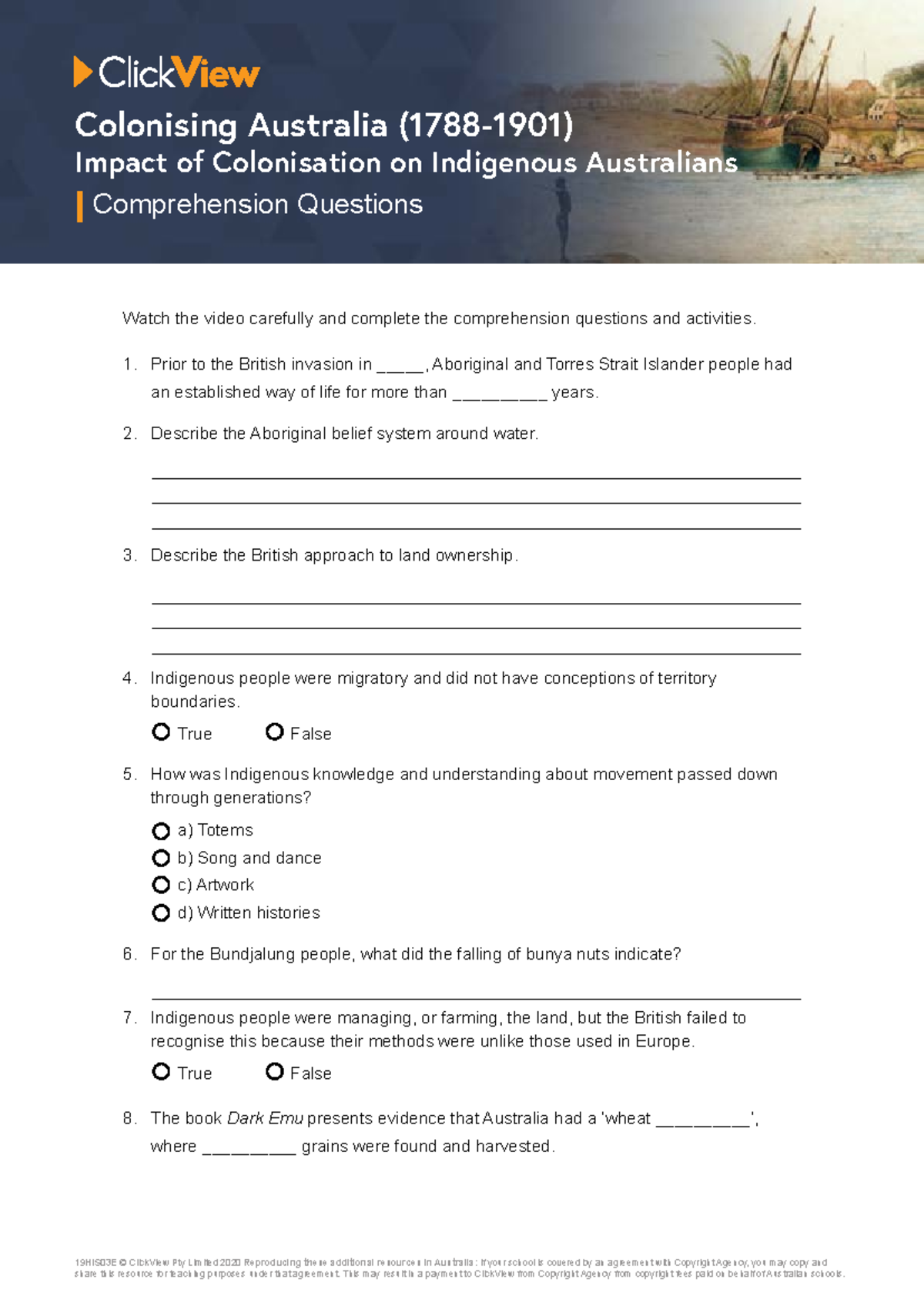 Colonisation Comprehension Questions - Colonising Australia (1788-1901 ...