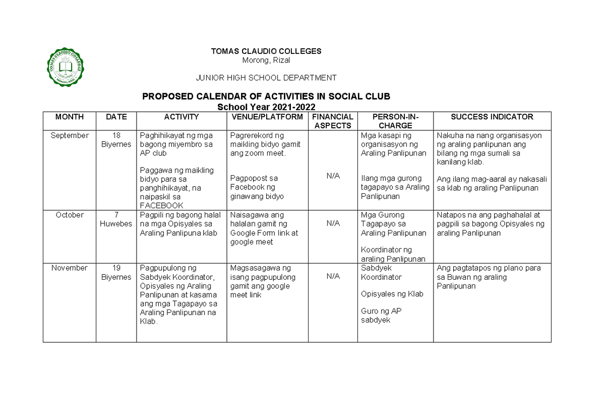 Social CLUB Calendar OF Activities - TOMAS CLAUDIO COLLEGES Morong ...