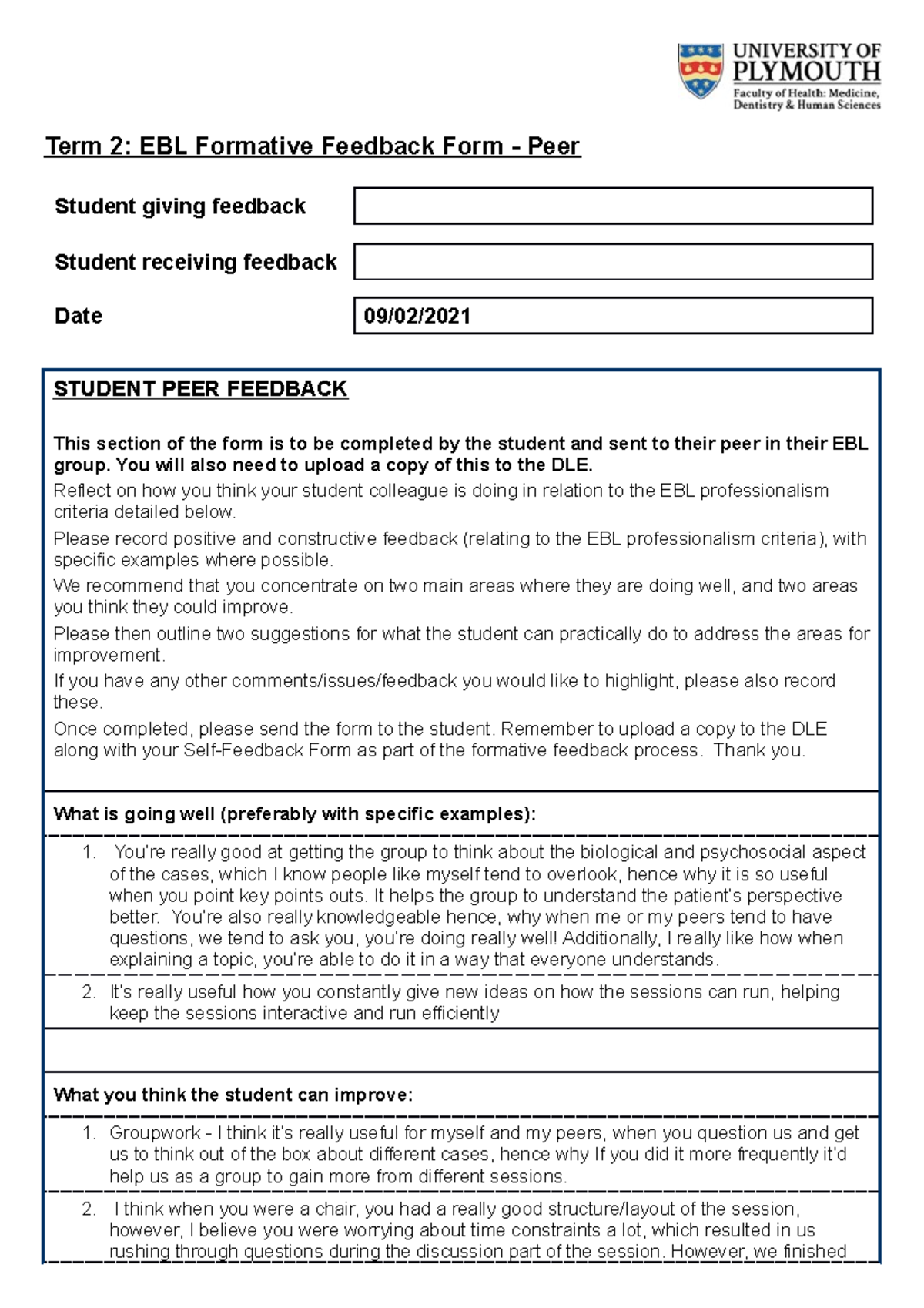 Example of feedback - Summary of said topic - Term 2: EBL Formative ...