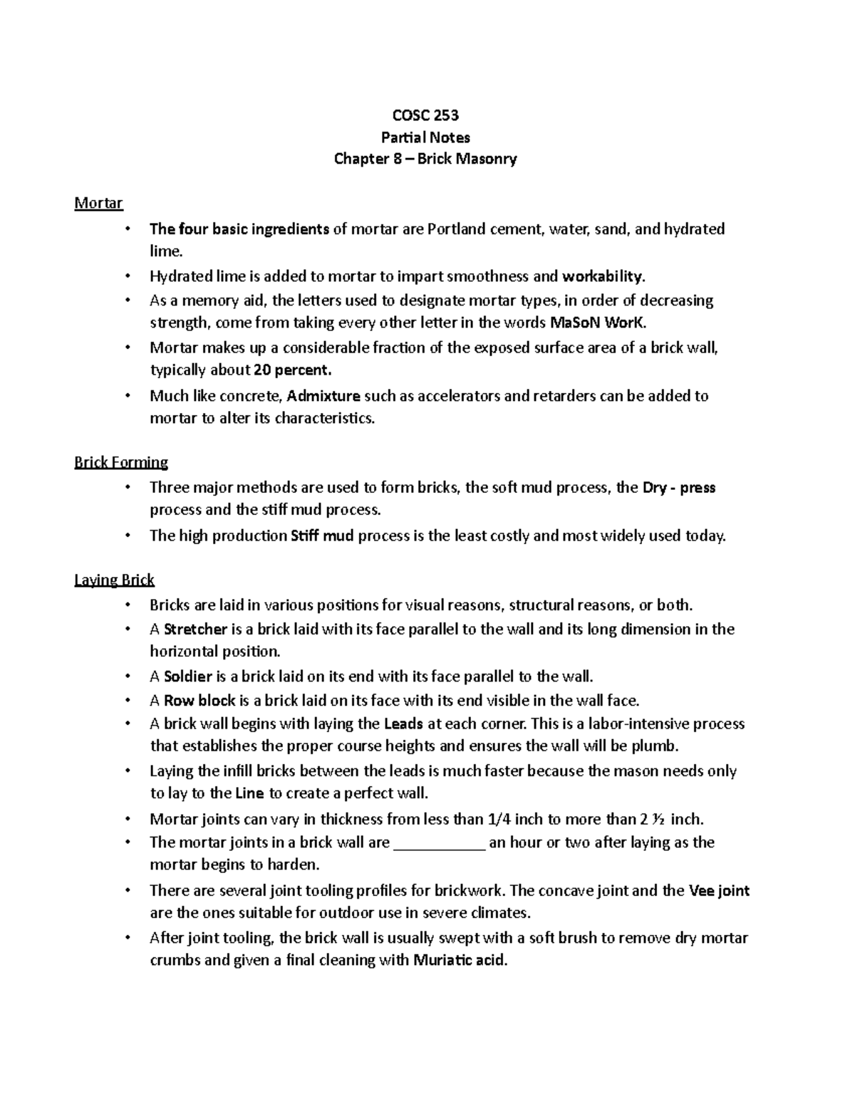 Chapter 8 partial notes - COSC 253 Partial Notes Chapter 8 – Brick ...