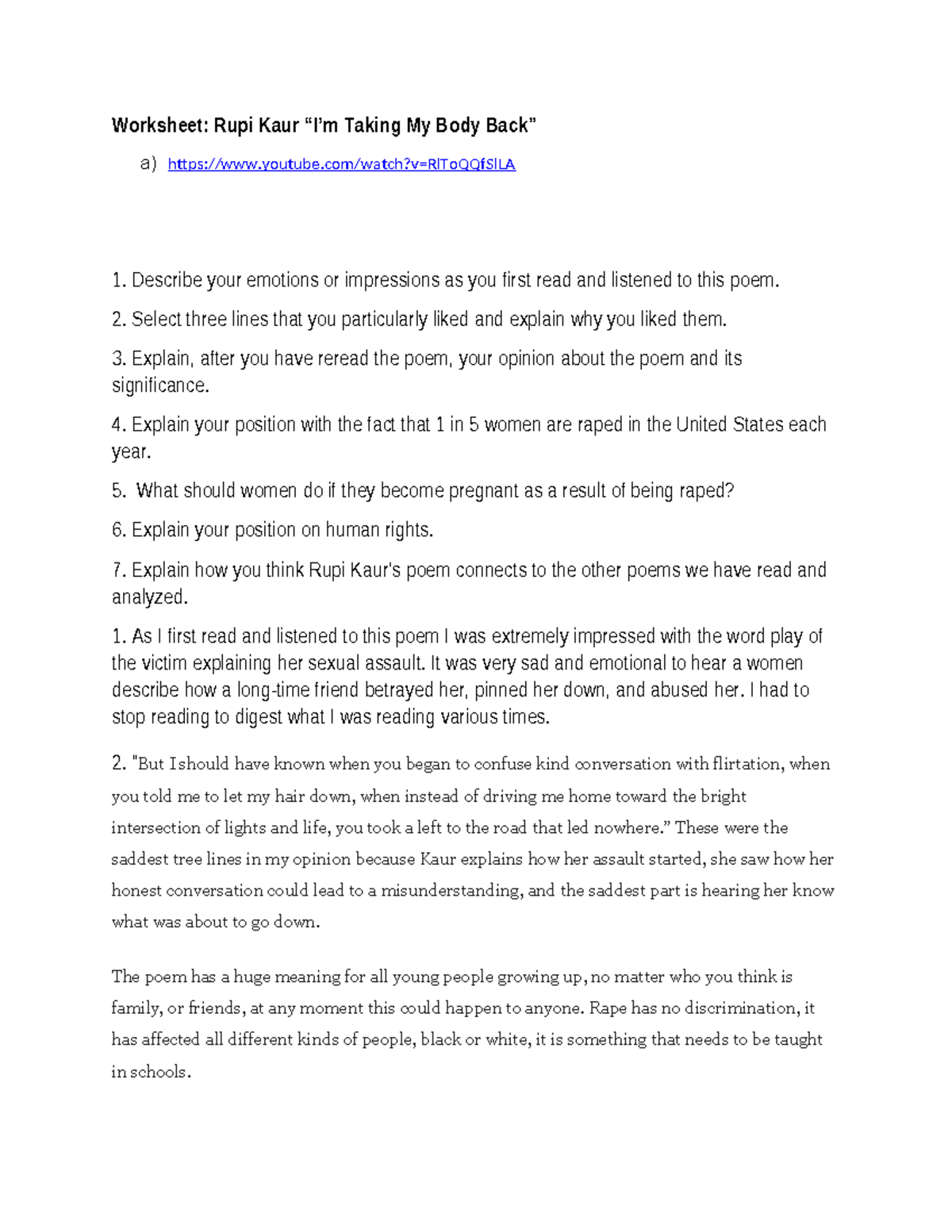 Worksheet-Rupi Kaur(1) - Worksheet: Rupi Kaur “I’m Taking My Body Back ...