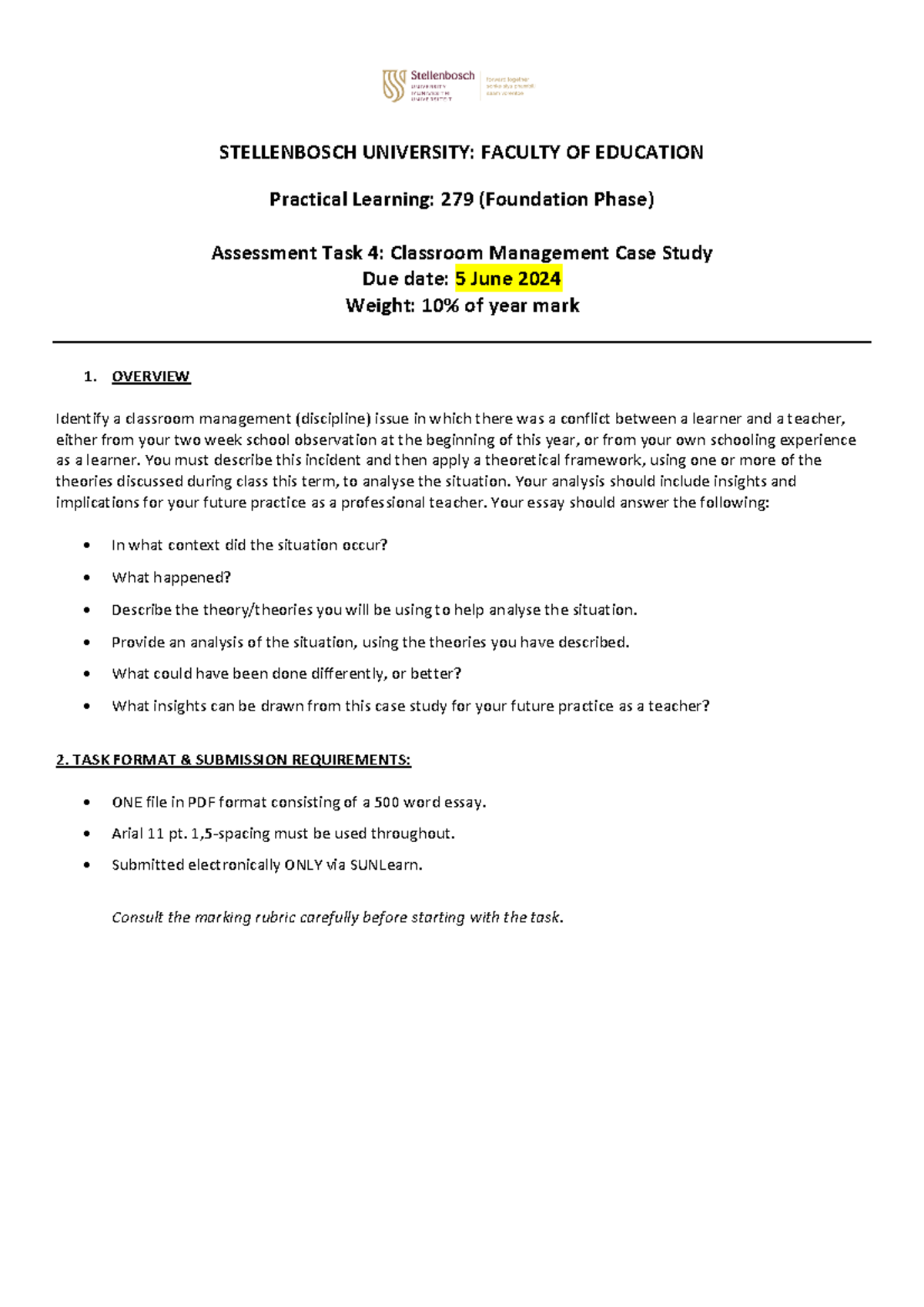 2024 PL 279 Task 4 Classroom management case study ENG - STELLENBOSCH ...