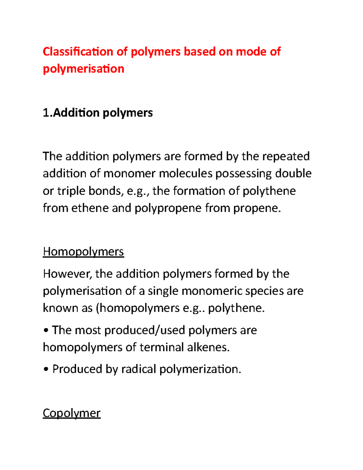 Classification of polymers based on mode of polymerisation ...