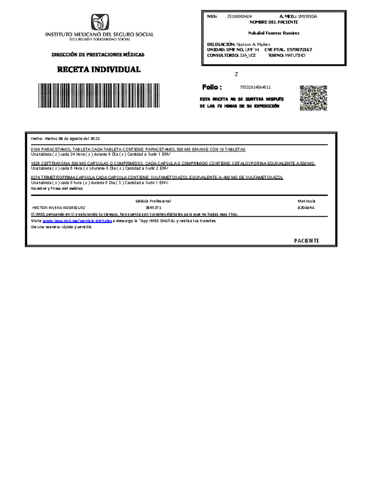 647788837 Receta IMSS editable - Z 75532814564511 Fecha: martes 08 de ...