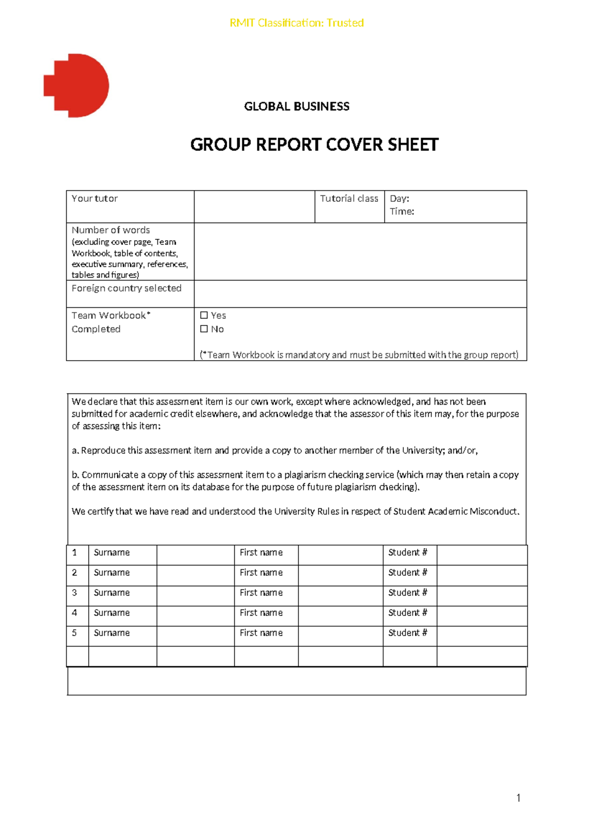 BUSM1222-Group Report Cover Sheet - RMIT Classification: Trusted GLOBAL ...