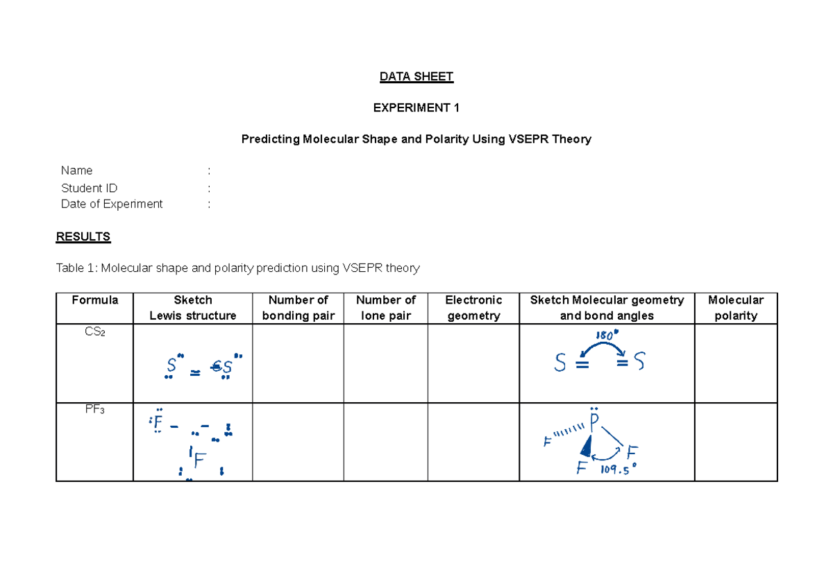 DATA Sheet Experiment 1 - DATA SHEET EXPERIMENT 1 Predicting Molecular ...