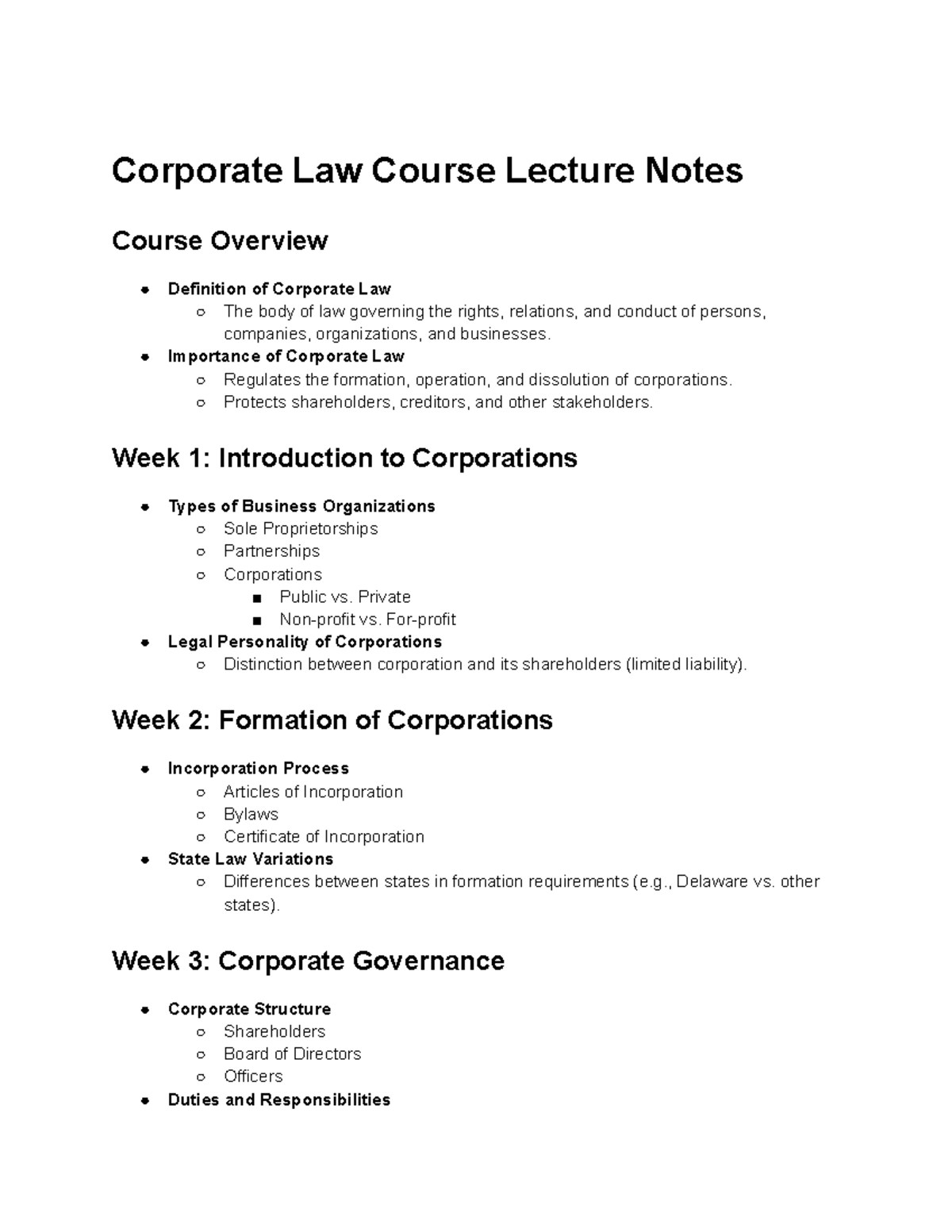 Corporate Law Course Lecture Notes - Importance of Corporate Law ...