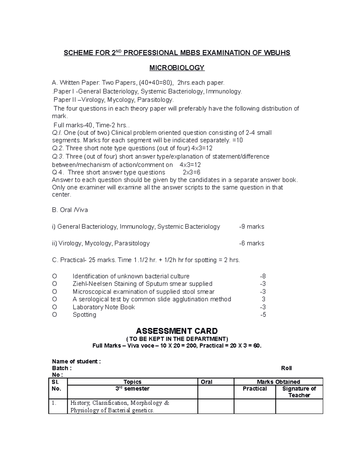 Microbiology mbbs - Wbush - SCHEME FOR 2ND PROFESSIONAL MBBS EXAMINATION OF WBUHS MICROBIOLOGY A ...