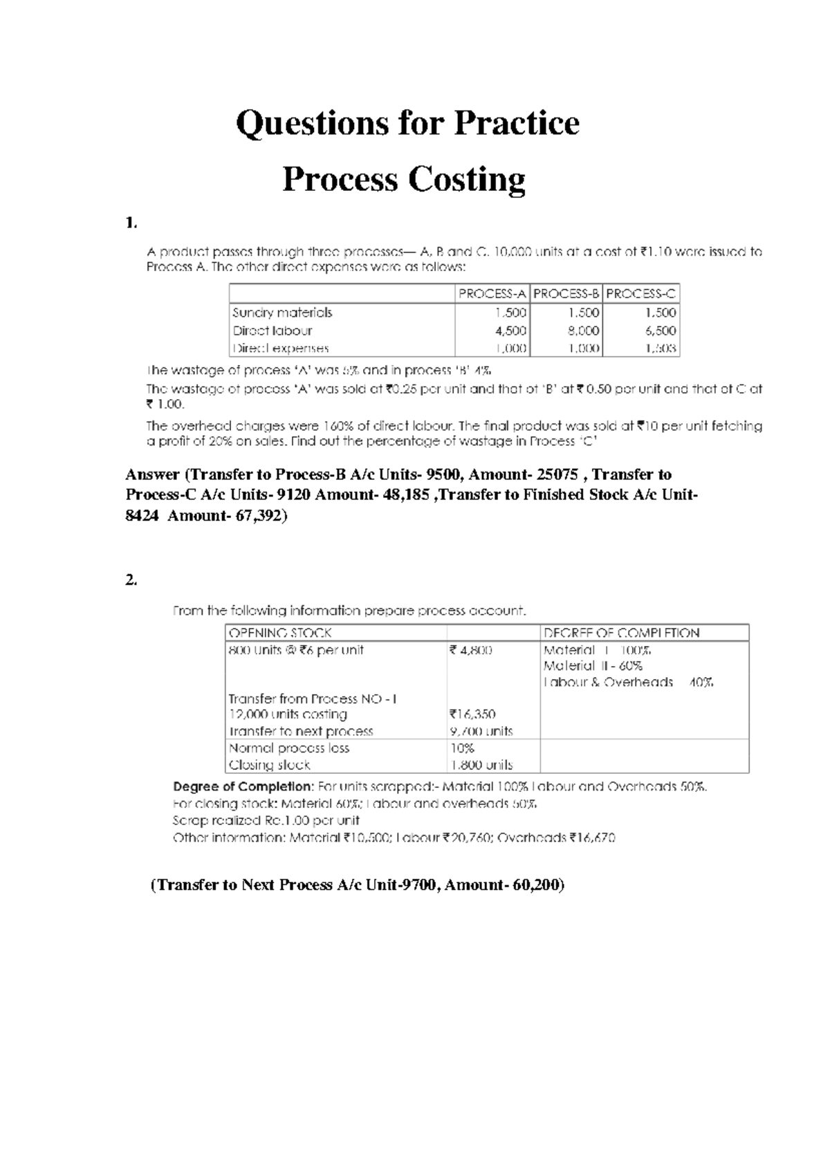 Process Costing Questions - Questions for Practice Process Costing 1 ...
