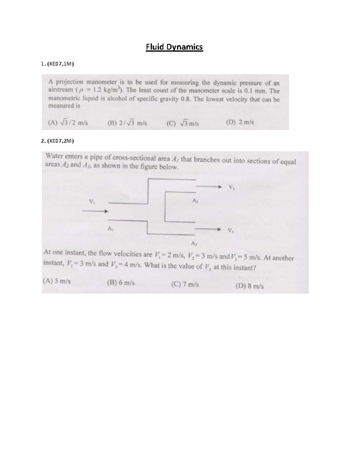 tutorial work of fluid mechanics - Fluid Dynamics 1. (XE07,1M) 4. (XE07 ...
