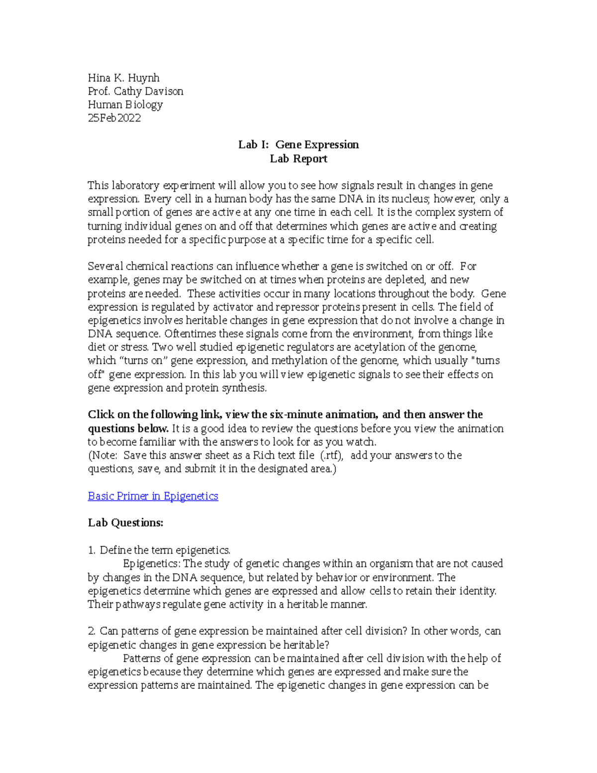 Lab I Lab Report - Hina K. Huynh Prof. Cathy Davison Human Biology ...