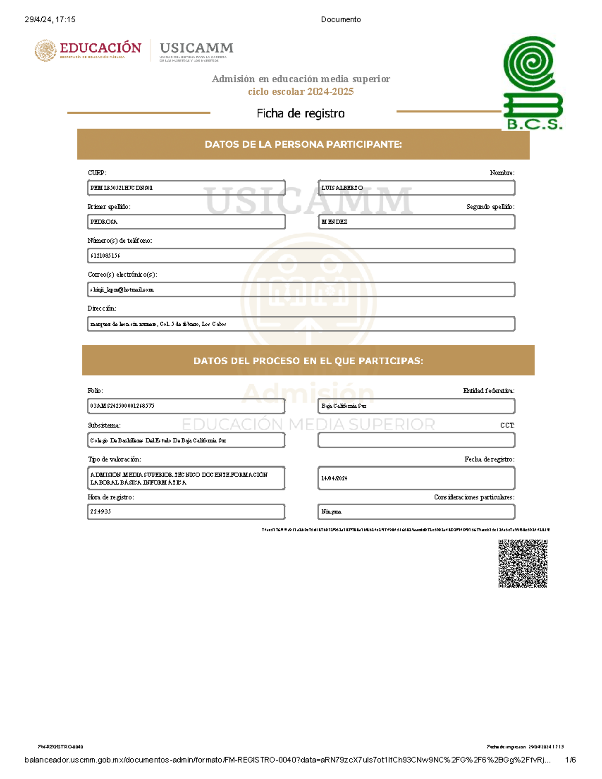 Ficha Registro - sss - Admisión en educación media superior ciclo escolar 2024- CURP: Nombre ...