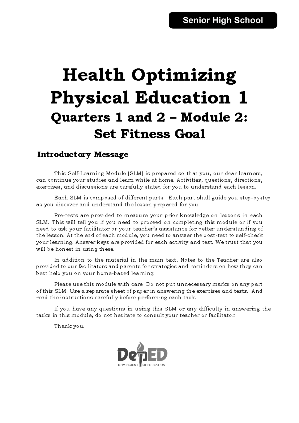 Handout HOPE 1 Module 2 Set fitness goals stud - Health Optimizing ...