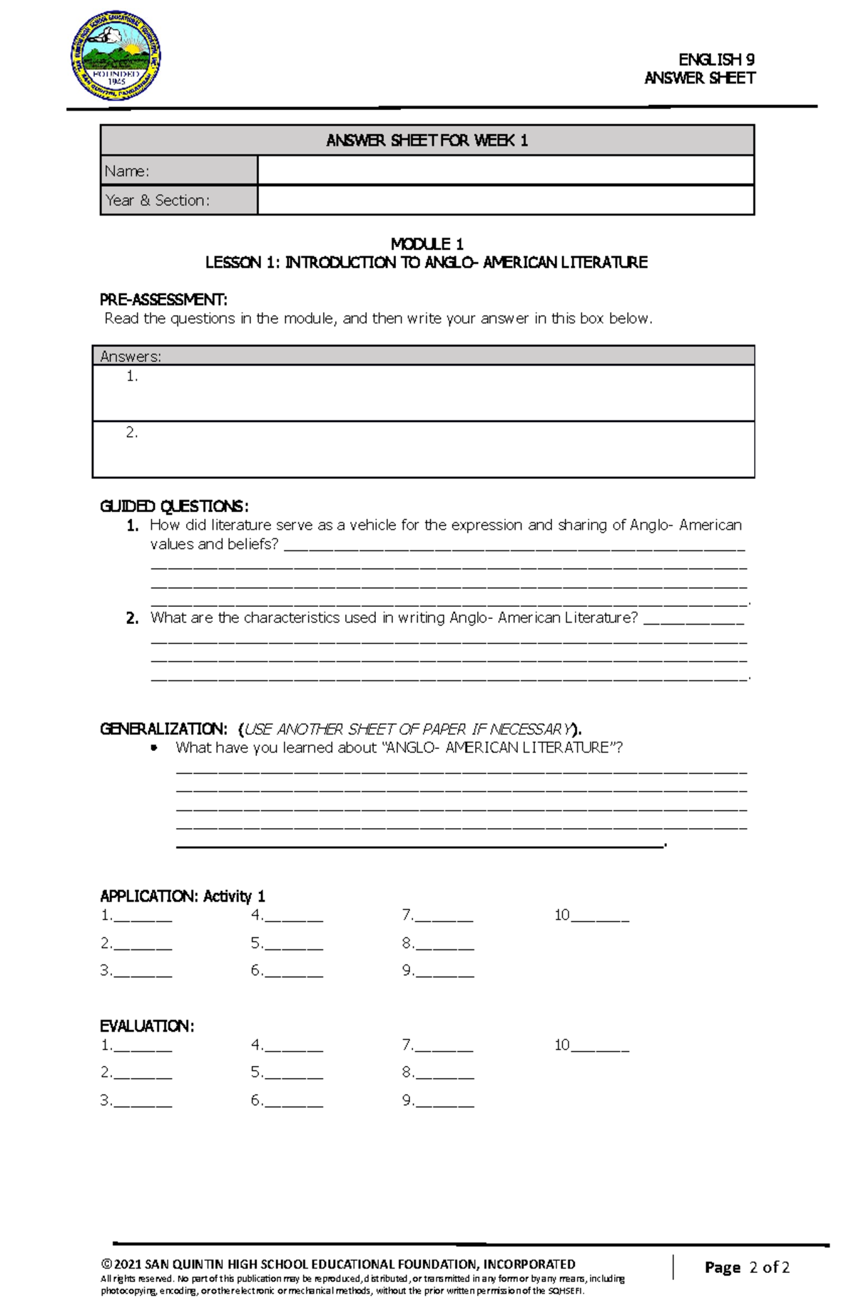 Answer Sheet FOR WEEK 1 & 2 for modules grade 9 - Page 2 of 2 ENGLISH 9 ...