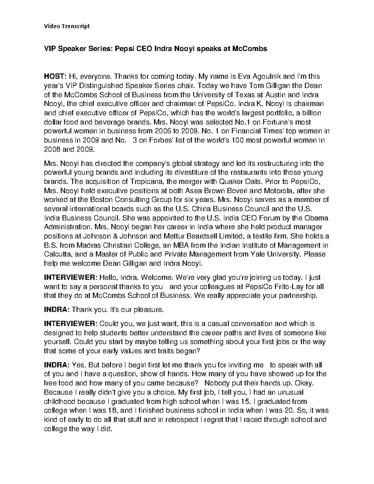 Transcript VIP Speaker Series Pepsi CEO Indra Nooyi speaks at Mc Combs ...