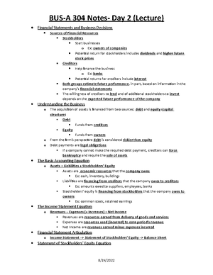 BUS-A 304 Notes- Day 6 (Lecture) - BUS-A 304 Notes- Day 6 Deferred ...