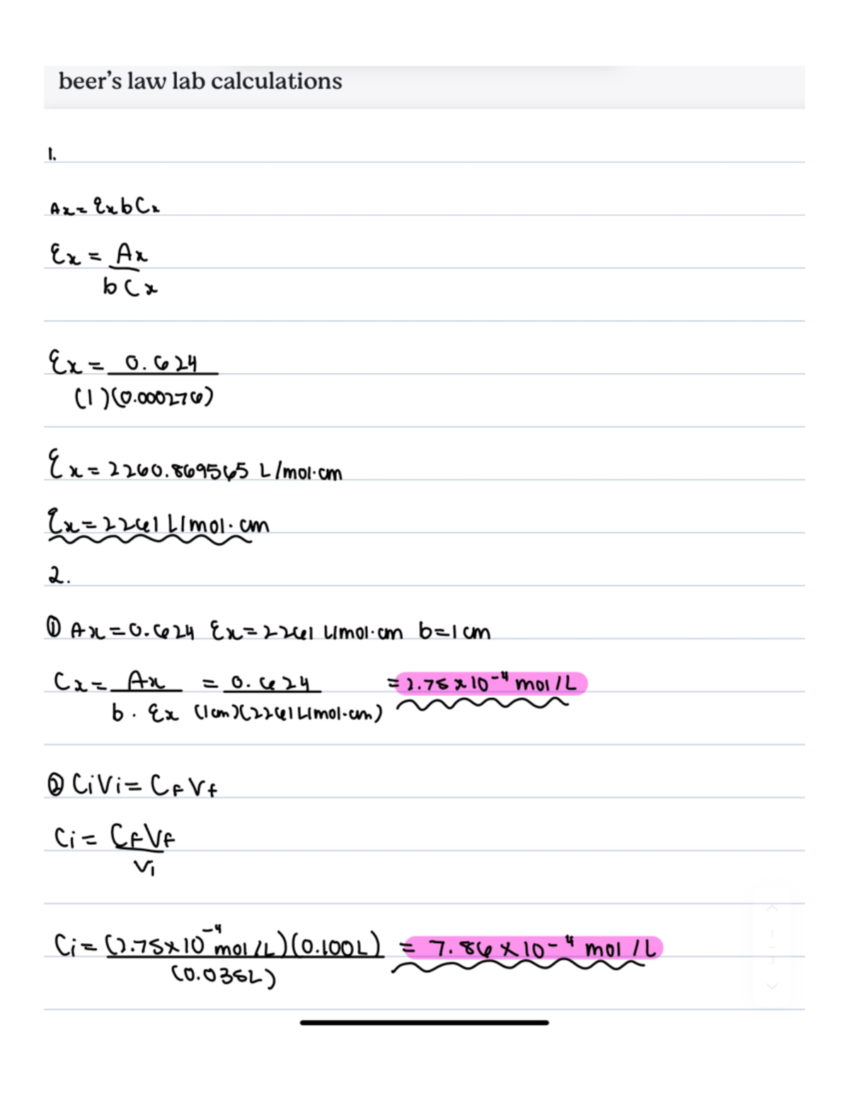 Beer's law lab calculations 1 - Chem 112 - Studocu