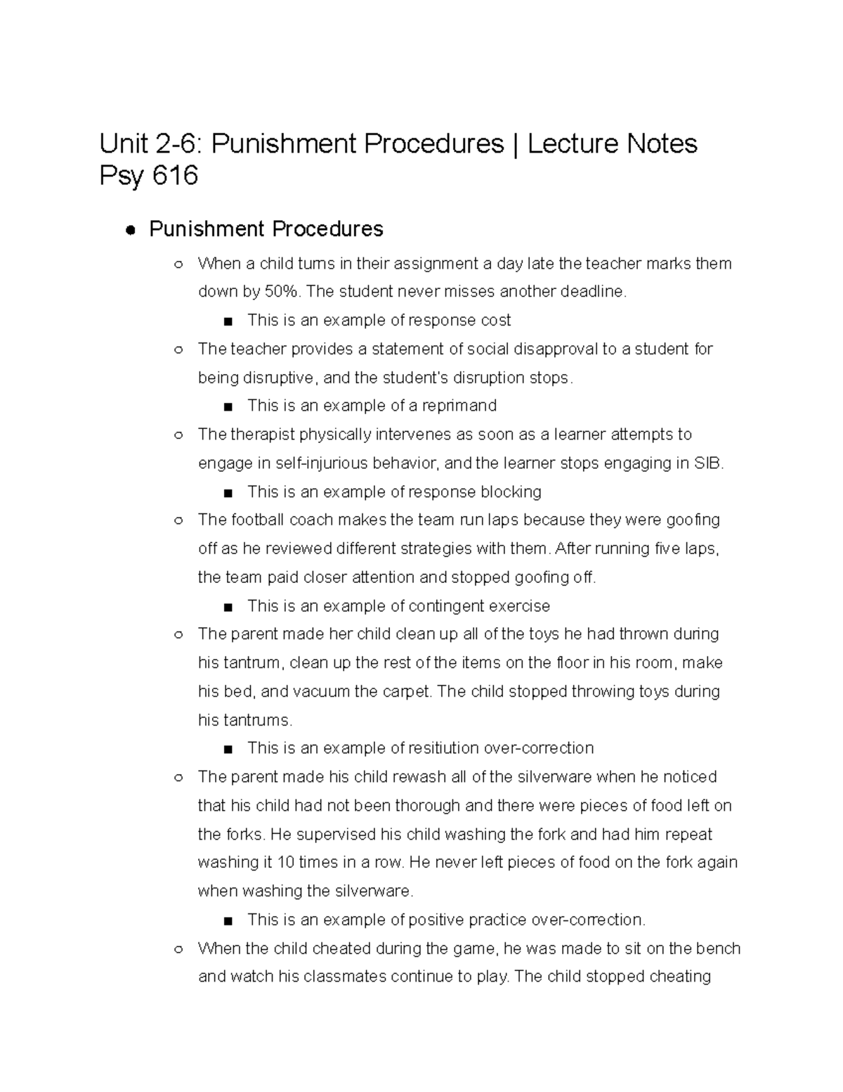 Unit 2-6 Punishment Procedures Lecture Notes Psy 616 - The student ...