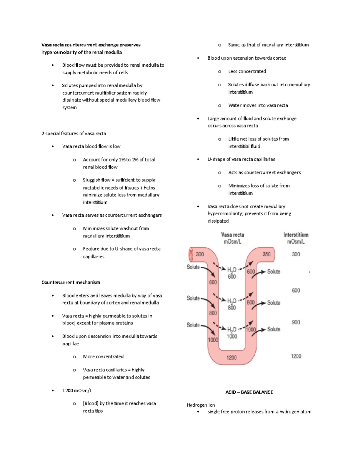 PHY 11-05-2020 Renal Physiology II Outline - Vasa recta countercurrent ...