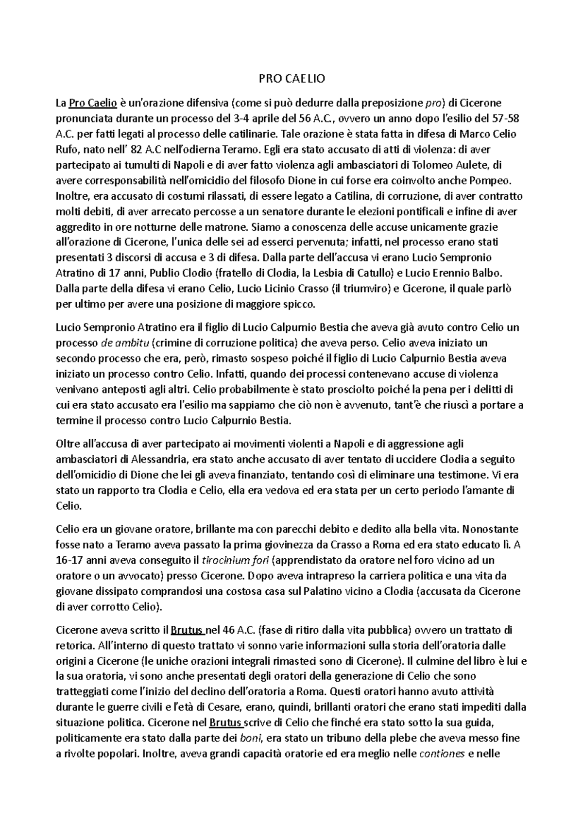PRO Caelio - Introduzione su Cicerone, analisi dei primi 35 paragrafi ...