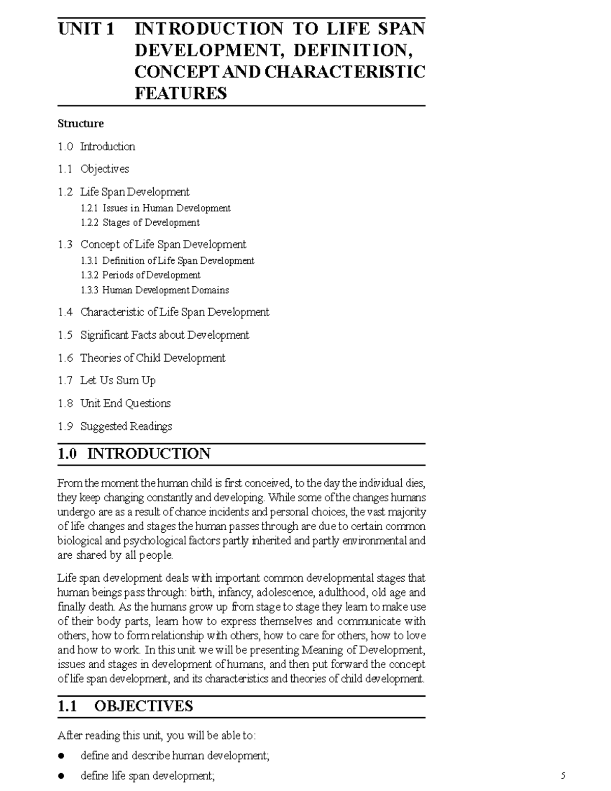 Life span - Summary Life Span Development - 5 UNIT 1 INTRODUCTION TO ...