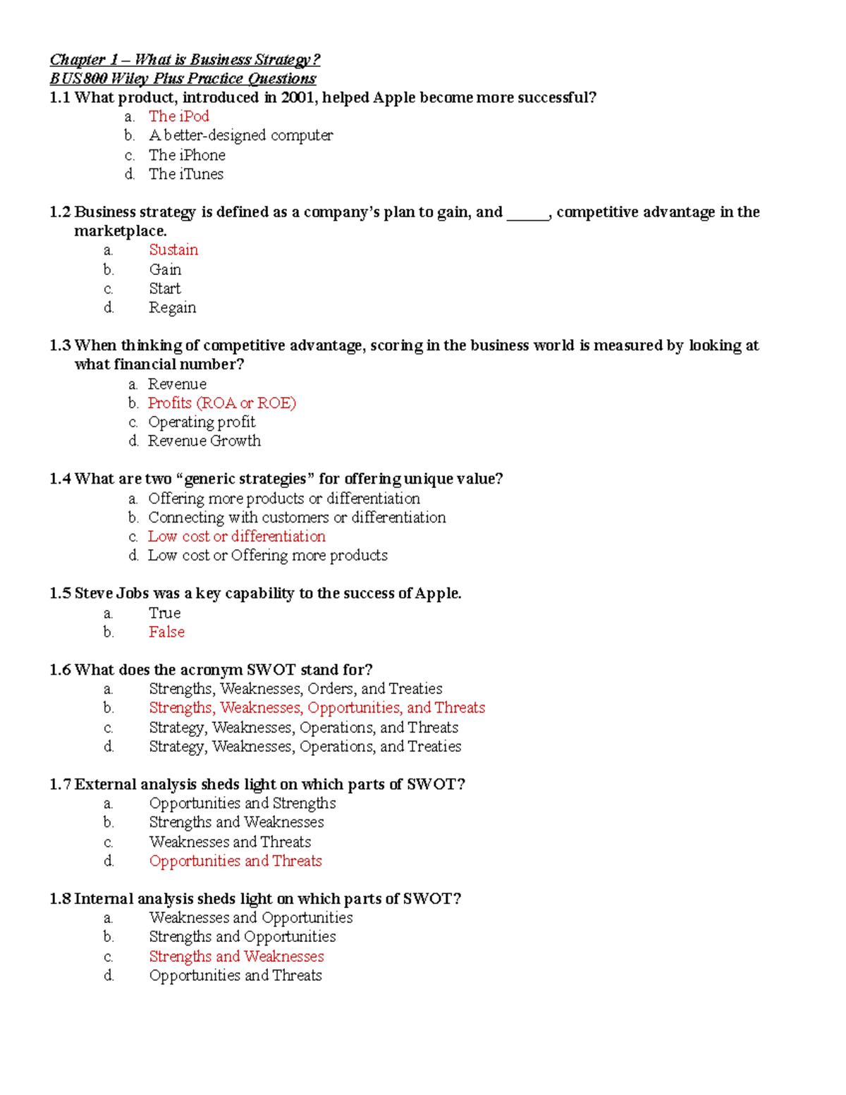 BUS800 Wiley Practice Questions 1 - Chapter 1 – What is Business ...