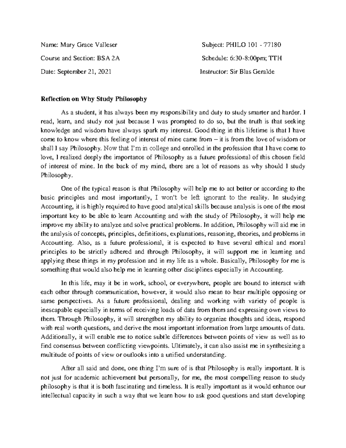 Kikikikik doyouloveme- Reflection ON WHY Study Philosophy - Name: Mary ...