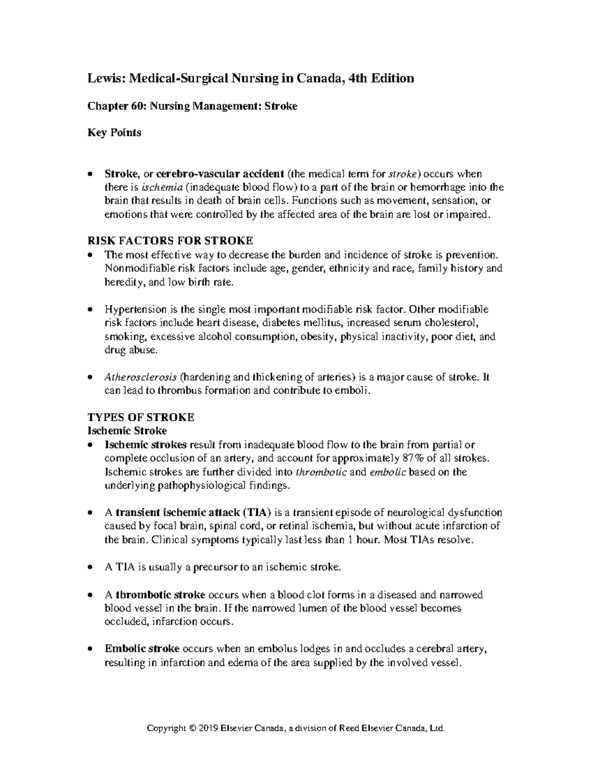 Key points-stroke - Lecture notes 1 - Lewis: Medical-Surgical Nursing ...