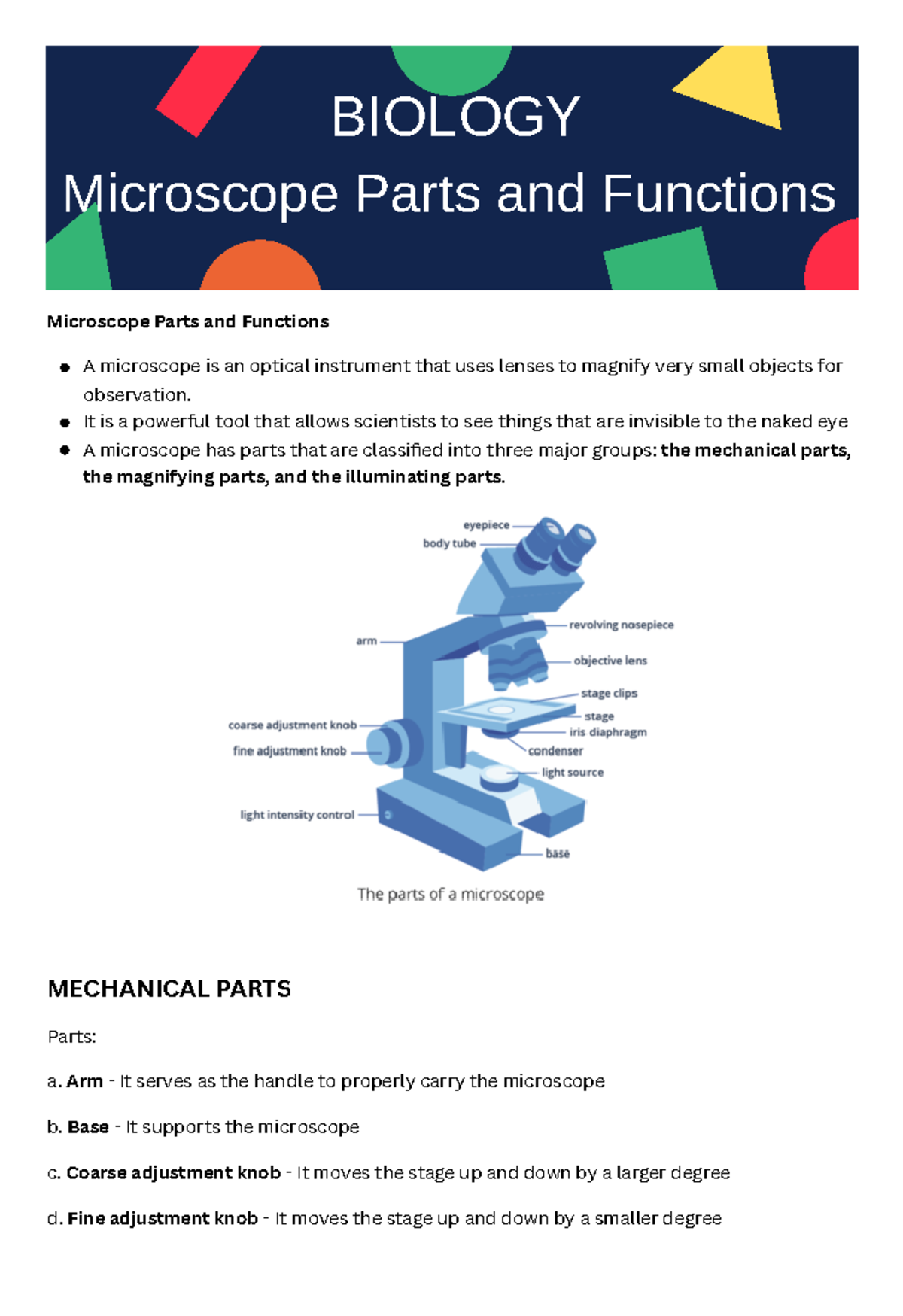 Microscope - Arm - It serves as the handle to properly carry the ...