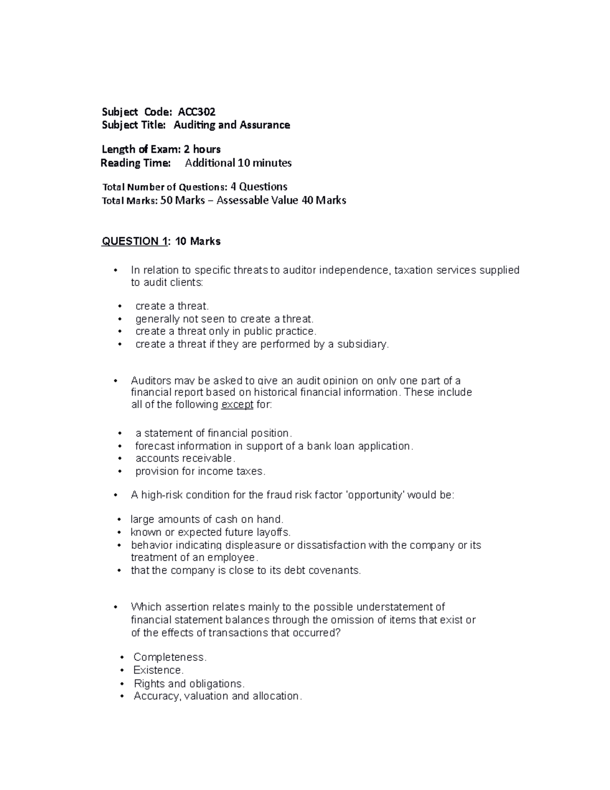 Audit sample exam - Subject Code: ACC Subject Title: Auditing and ...