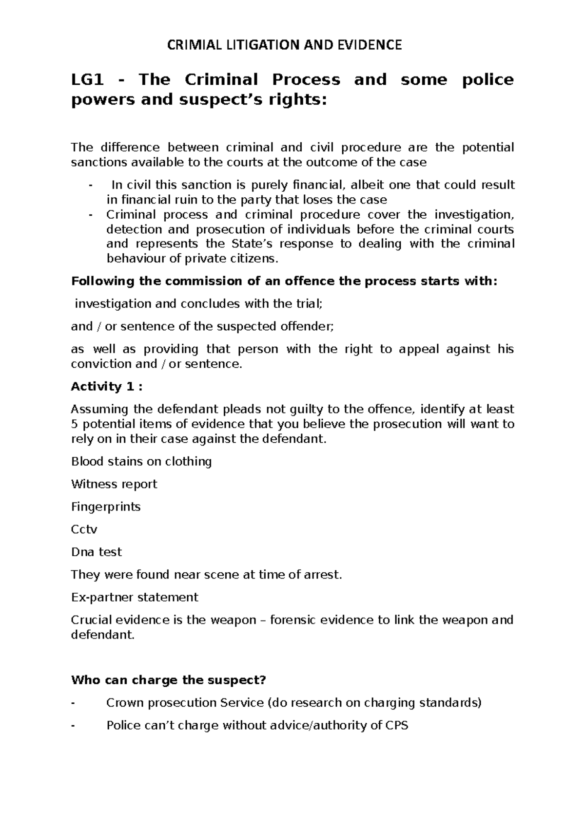 Criminal litigation and evidence LG1-9 - LG1 - The Criminal Process and ...