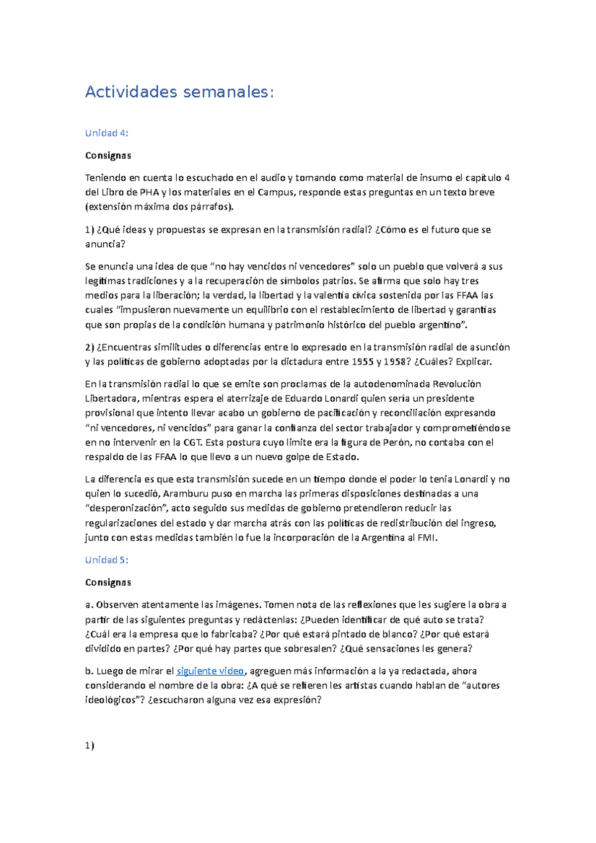 Actividades semanales pha - Actividades semanales: Unidad 4: Consignas ...