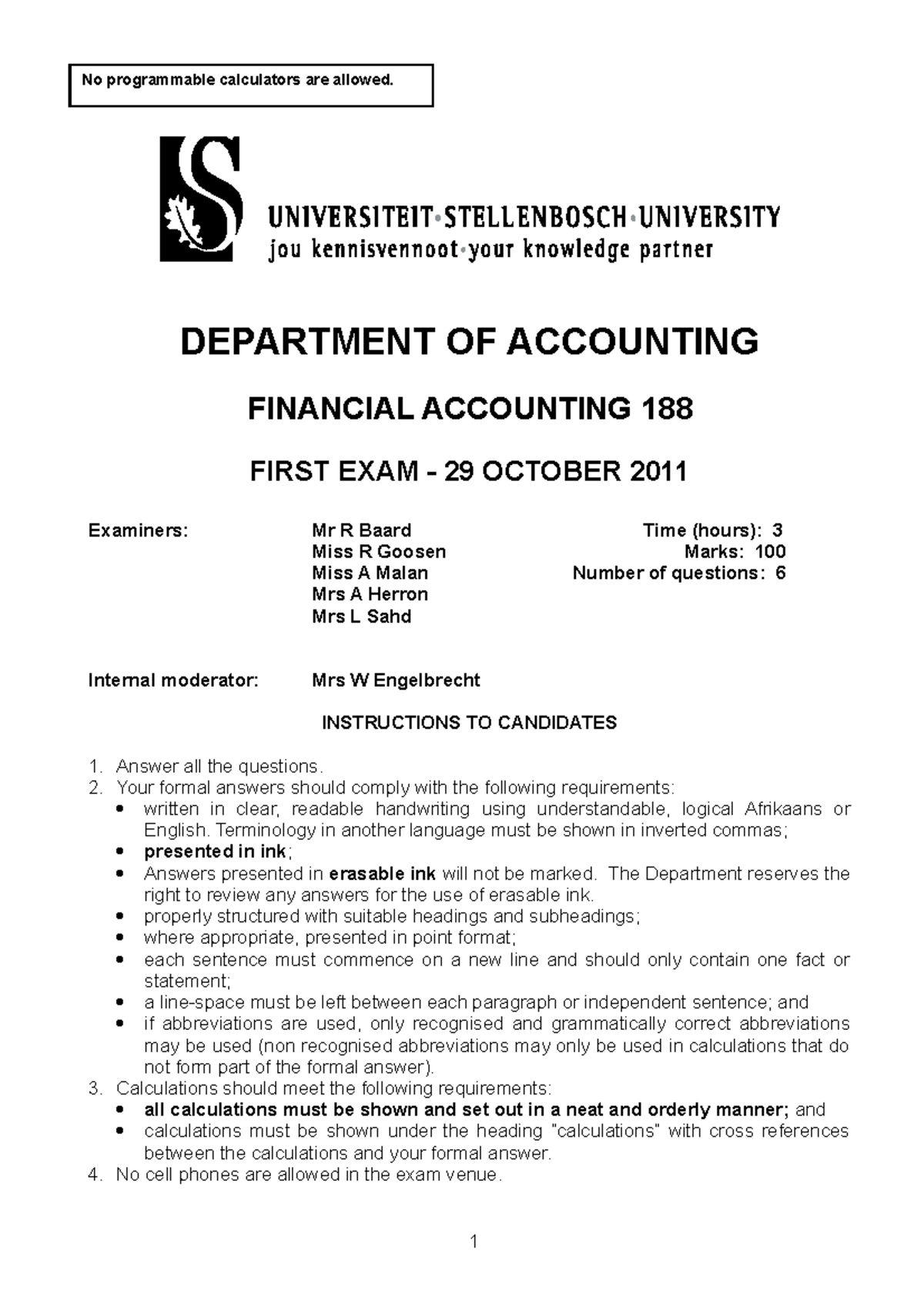 Exam 1 2011 - exAM - DEPARTMENT OF ACCOUNTING FINANCIAL ACCOUNTING 188 ...