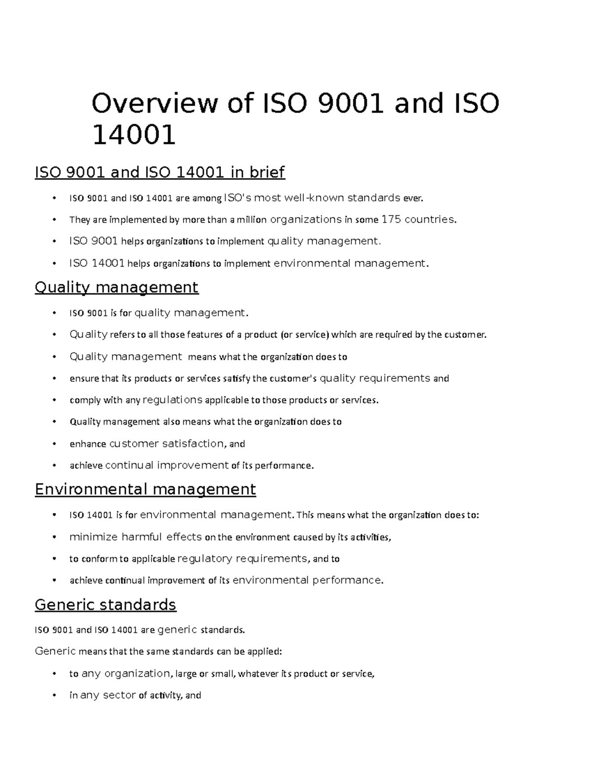 Chapter - 10 ISO overview - Overview of ISO 9001 and ISO 14001 ISO 9001 ...